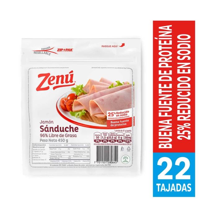 Jamón De Cerdo Zenú Tipo Sánduche Tajado x 450gr - La Vaquita
