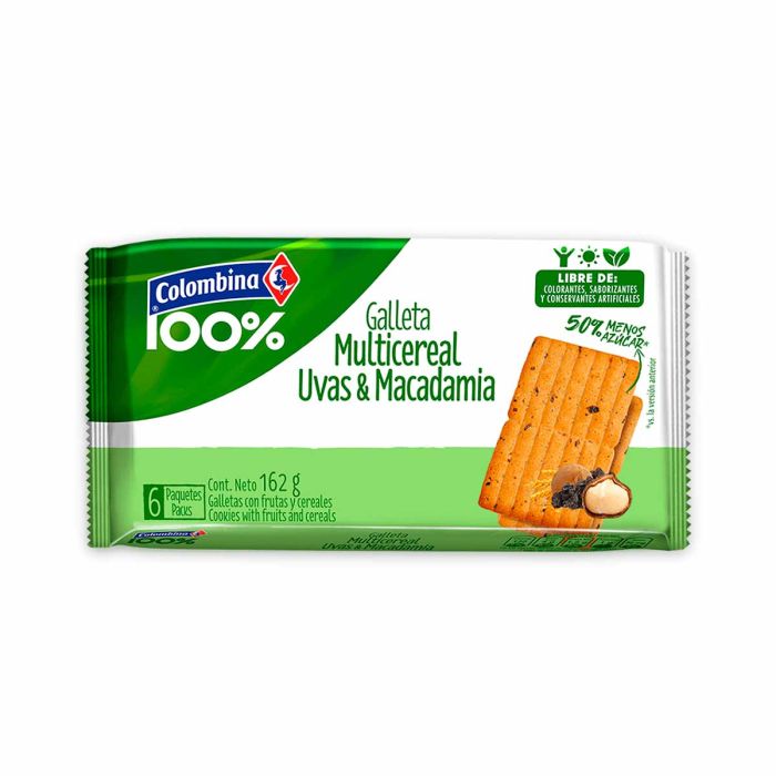 Galletas 100% Colombina Multicereal Uvas & Macadamia x 162gr - La Vaquita
