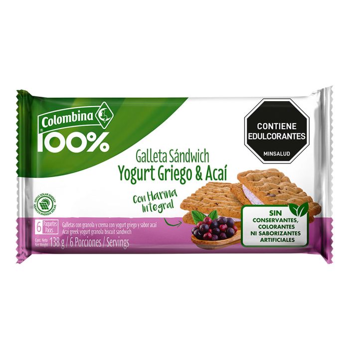 Galletas 100% Colombina Sándwich Yogurt Griego & Acaí x 138gr - La Vaquita