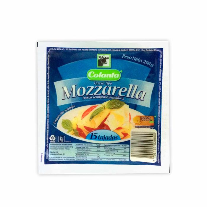 Queso Tipo Mozzarella Colanta Semigraso, Semiduro x 250gr x 15 Tajadas ...